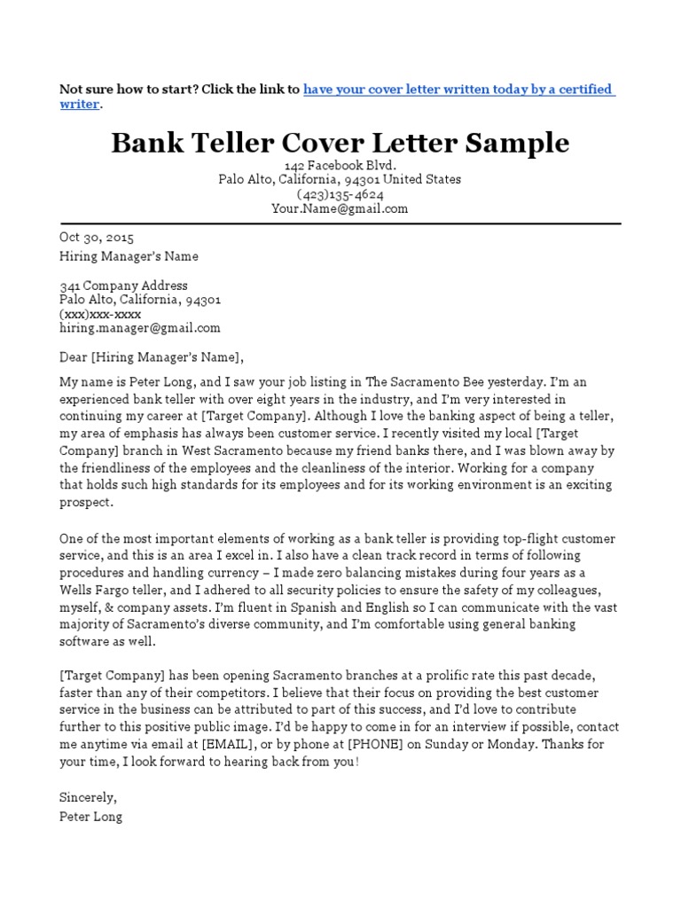 Bank Teller Cover Letter Sample MSWord Download | PDF | Résumé | Banks