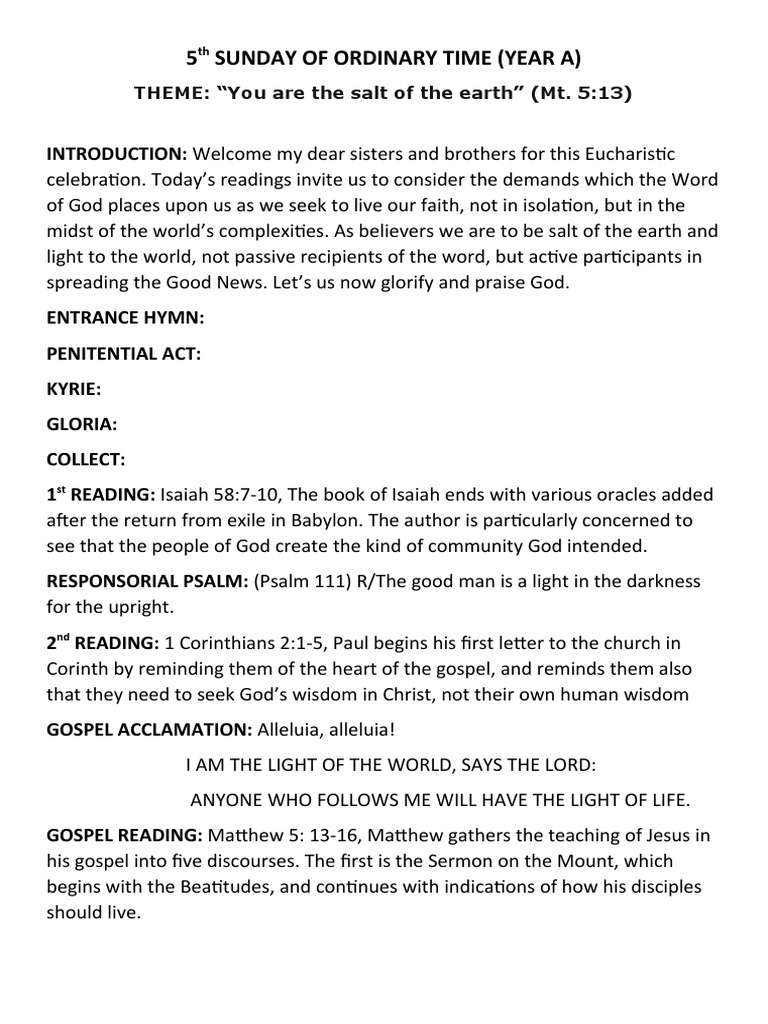 5th SUNDAY OF ORDINARY TIME | PDF | Mass (Liturgy) | Prayer