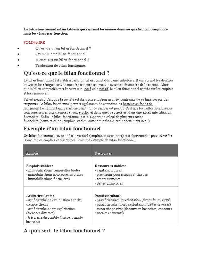 Comprendre le bilan fonctionnel | PDF | Bilan comptable | Immobilisations