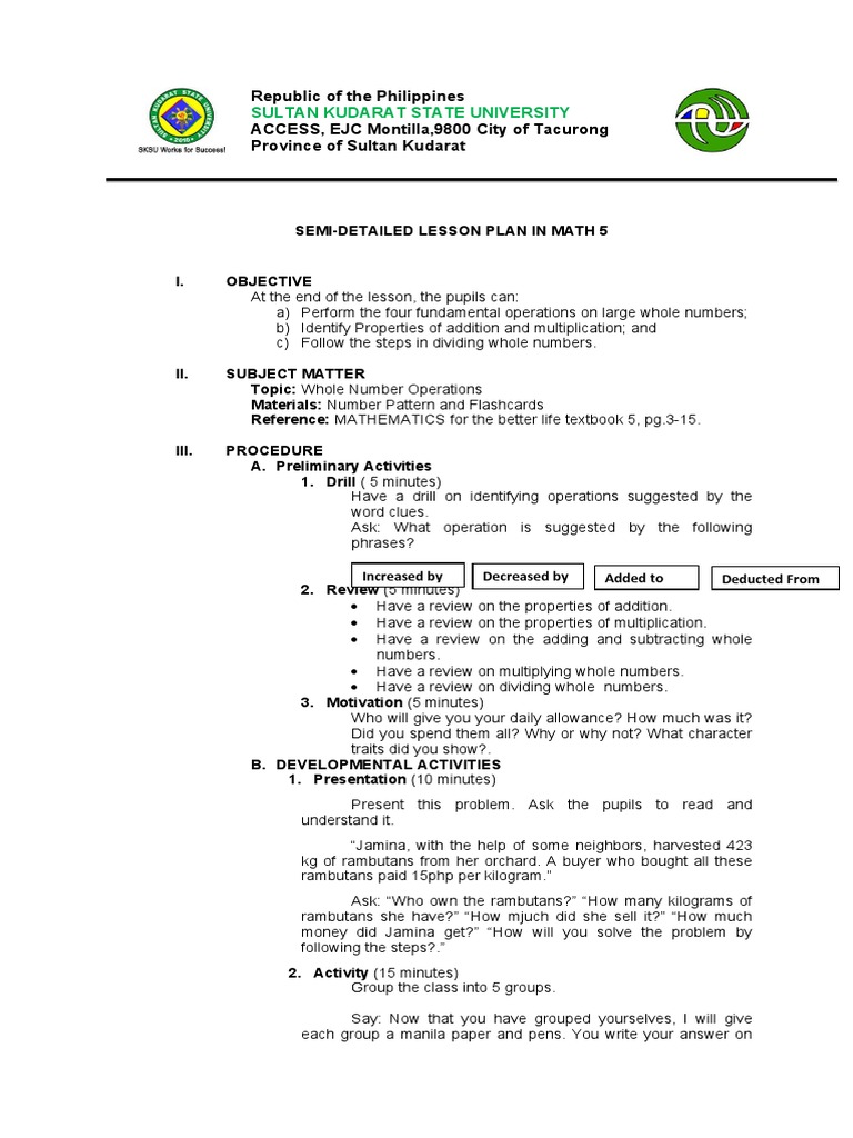 Math 5 Lesson Plan: Whole Numbers | PDF | Subtraction | Numbers