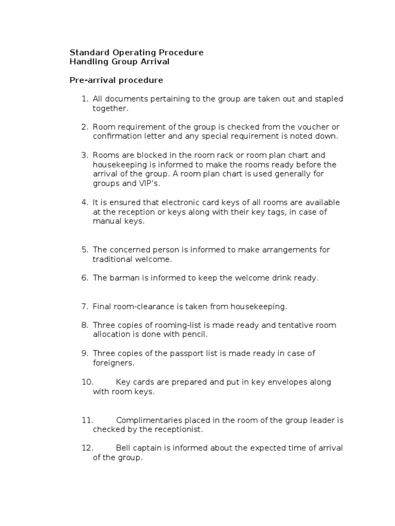 Hotel SOP On Handling Group Arrival | PDF | Baggage | Business