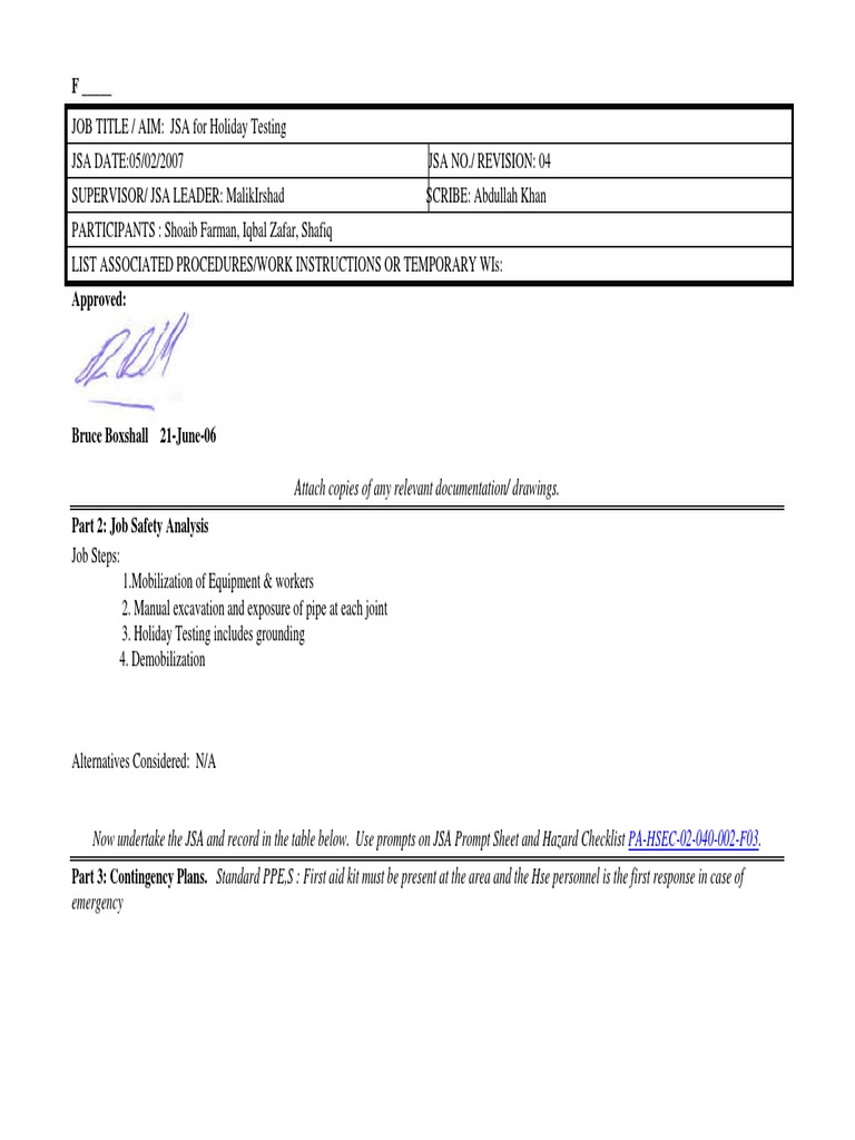 JSA for Holiday testing.pdf | Prevention | Safety