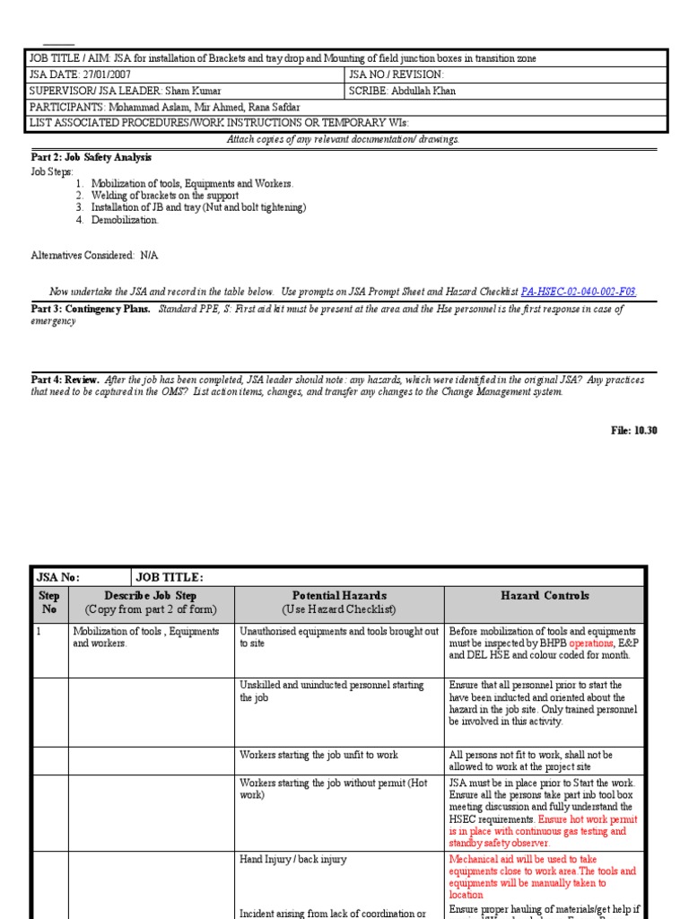 Jsa For Installation of Bracket in Phase 1 | PDF | Safety
