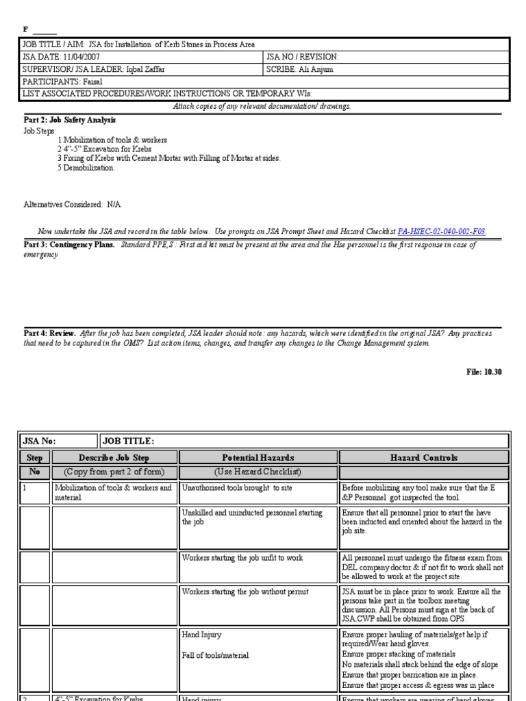 JSA For Kerb Stone in Process Area | PDF | Safety | Prevention