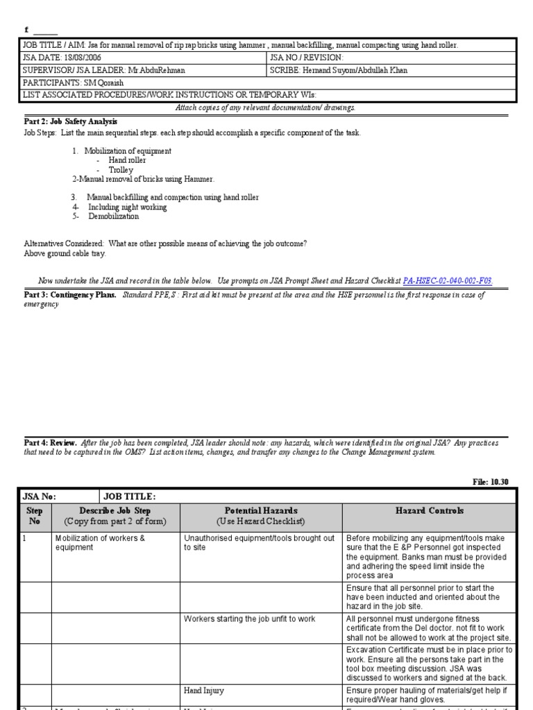 Jsa For Manual Backfiling Usin Hand Roller Compactor | PDF | Prevention ...