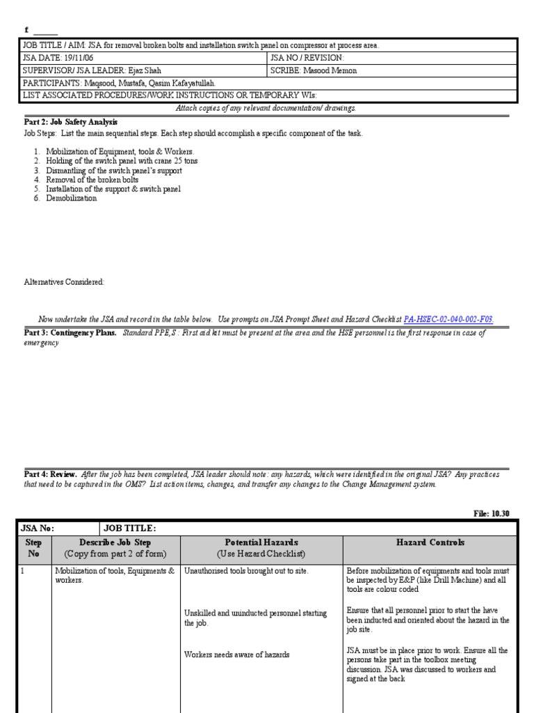 JSA for Switch Panel Installation & Bolt Removal | PDF | Prevention ...