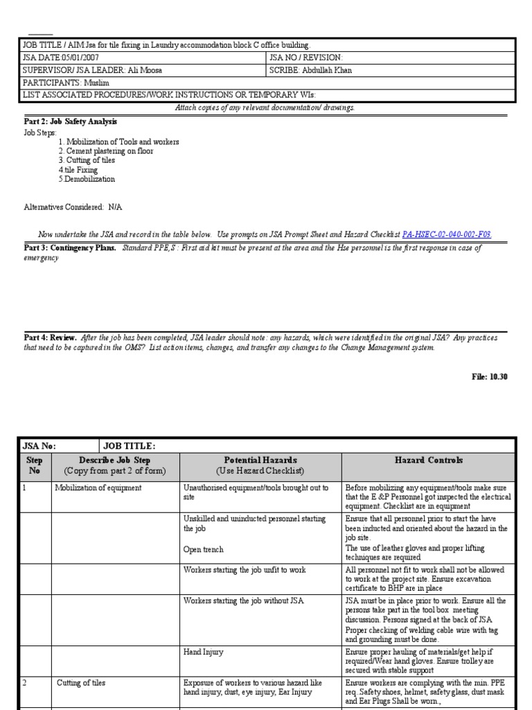 Jsa For Tile Fixing | PDF | Personal Protective Equipment ...