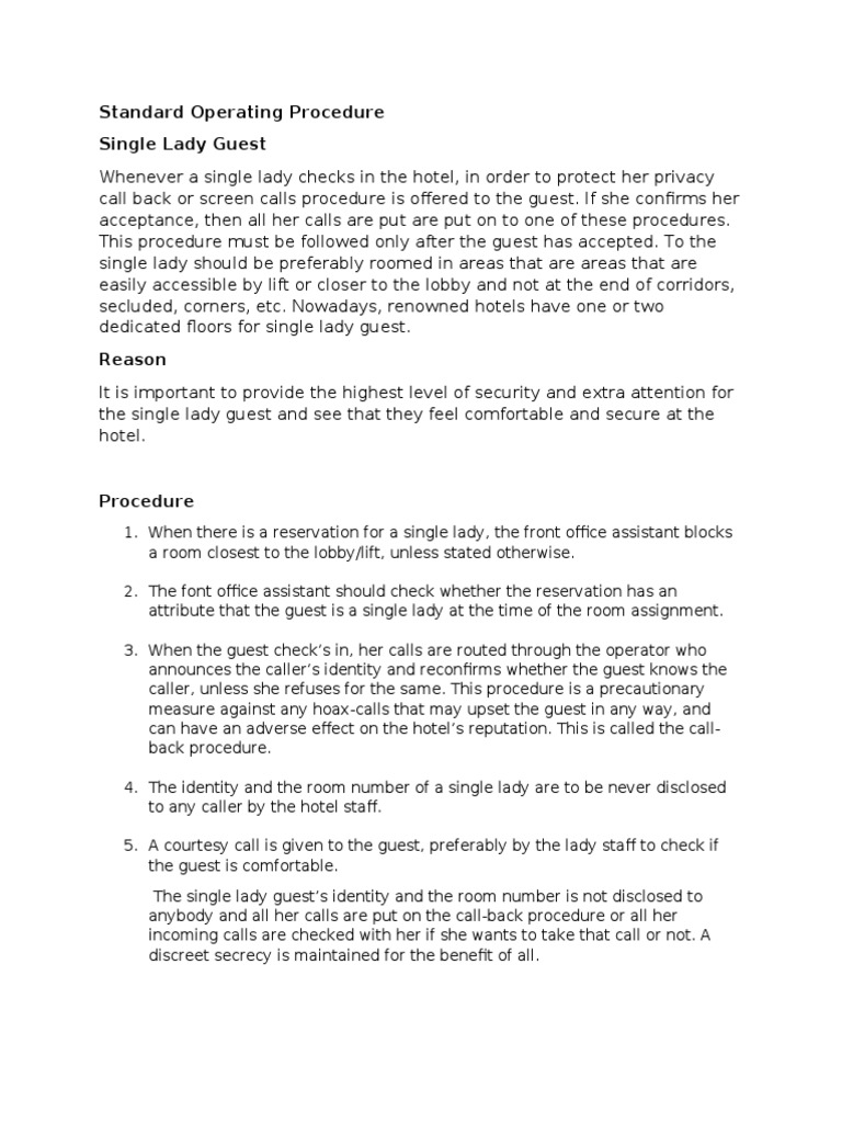 SOP for Single Lady Guest Security | PDF