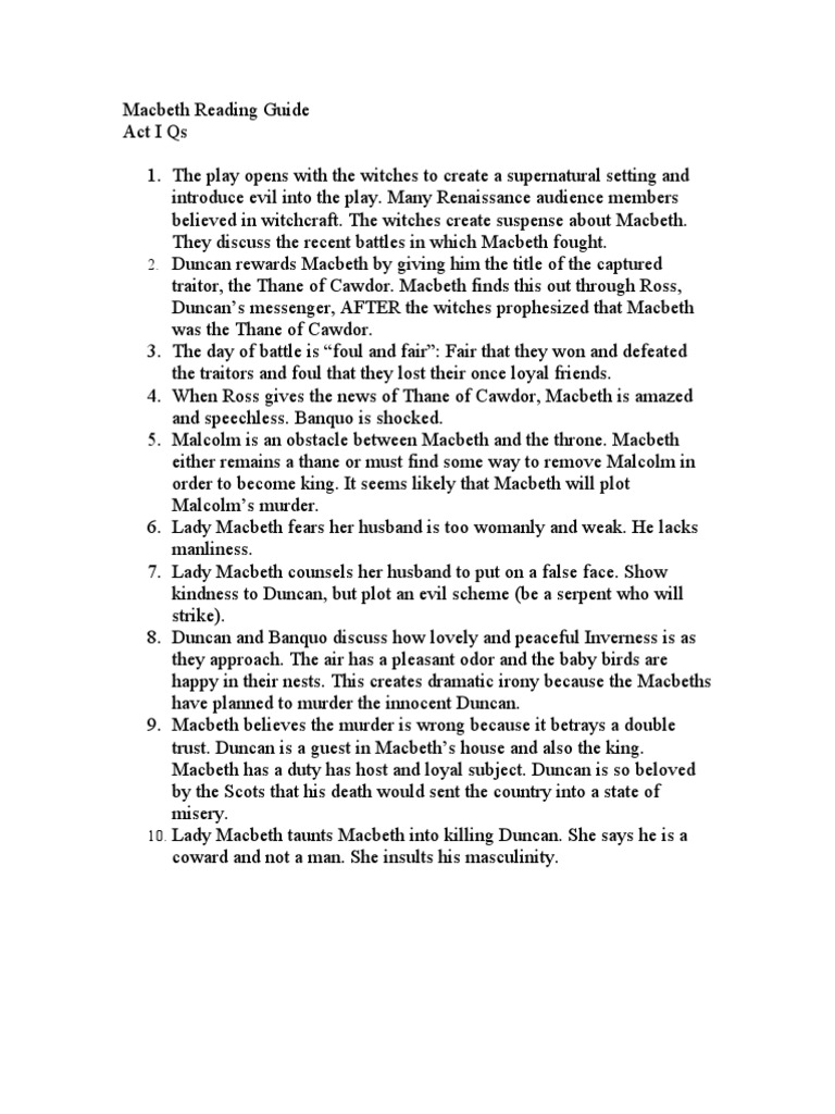 Macbeth Reading Guide Answers Act 1 and 2 | PDF | Macbeth ...