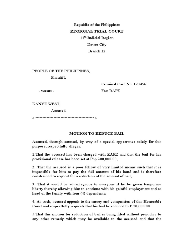7 Motion To Reduce Bail | PDF | Bail | Legal Procedure