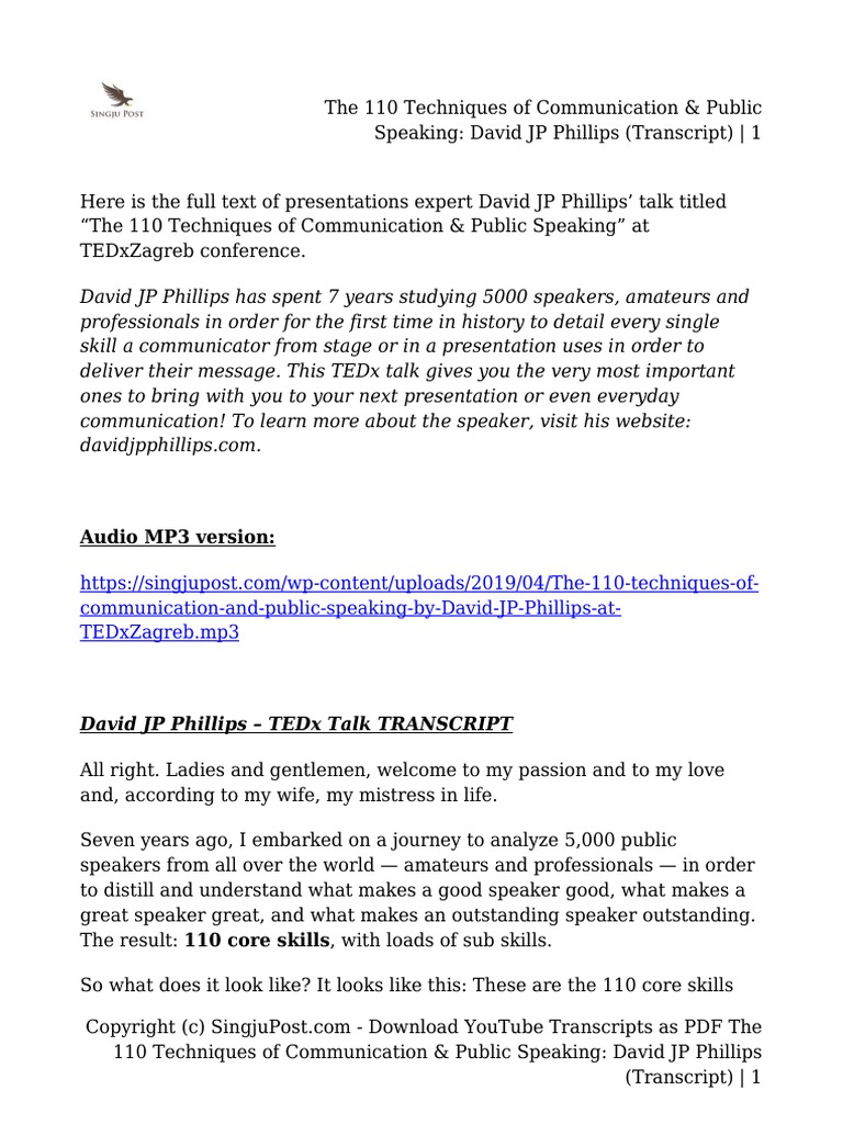 The 110 Techniques of Communication & Public Speaking - David JP Phillips (Transcript) PDF | PDF ...