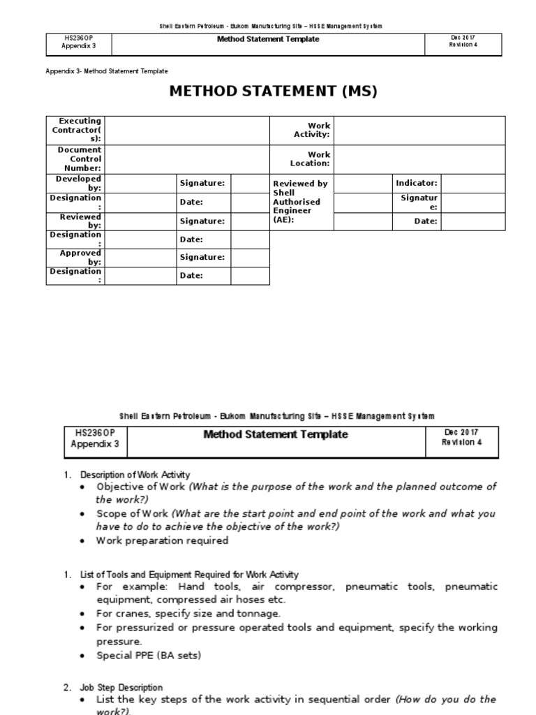 HS236OP Rev 4 Appendix 3 Method Statement Template | PDF | Mechanical ...