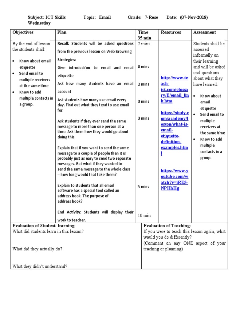 Lesson Plans Ict Class 6,7,8 07 Nov 2018 | Download Free PDF ...