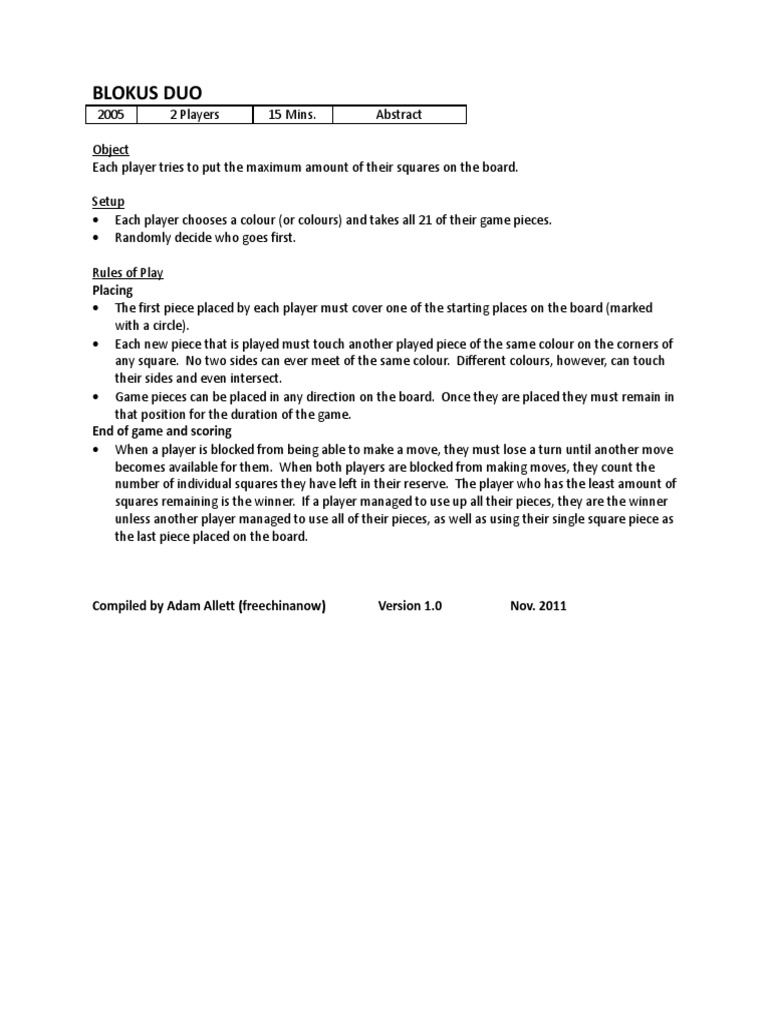 Blokus Duo Quick Rules | PDF