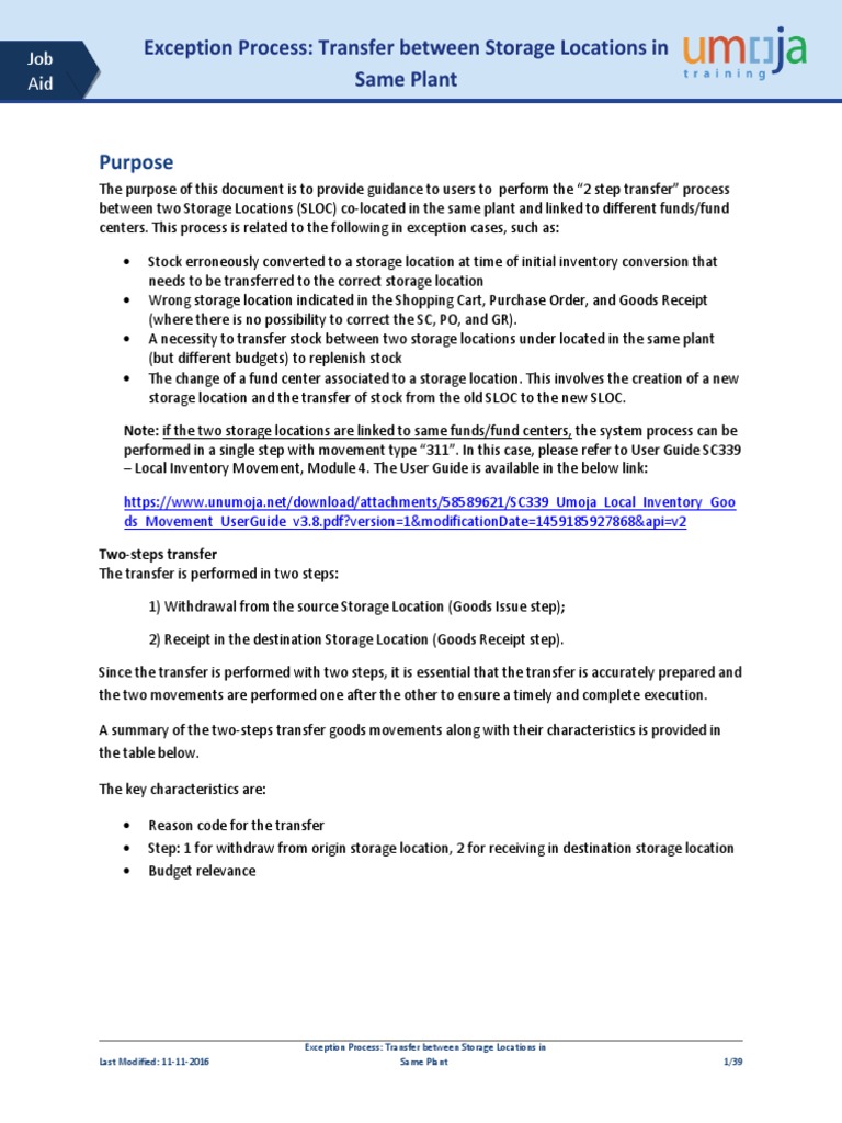 Umoja Job Aid - Exception Process - Transfer Between Storage Locations ... Umoja Job Aid - Exception Process - Transfer Between Storage Locations ...