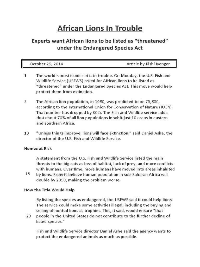 African Lions in Trouble - Close Reading Practice | PDF | Lion ...