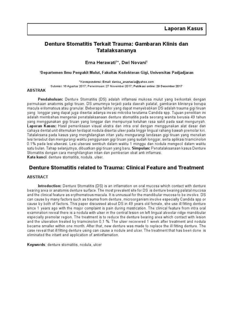Denture Stomatitis Terkait Trauma Gambaran Klinis | PDF
