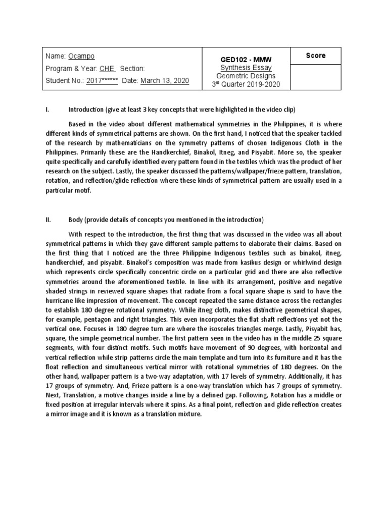 MMW Synthesis Paper (Mapua) | PDF | Symmetry | Pattern