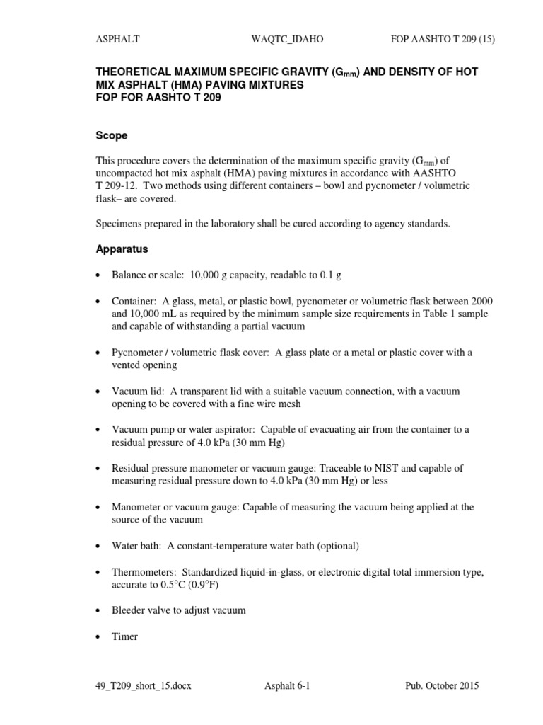 FOP For AASHTO T 209 PDF | Download Free PDF | Pressure Measurement ...