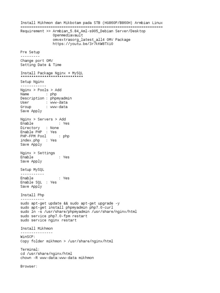 Install Mikhmon Dan Mikbotam Pada STB (hg860p b860h) Armbian | PDF | Sudo | Php