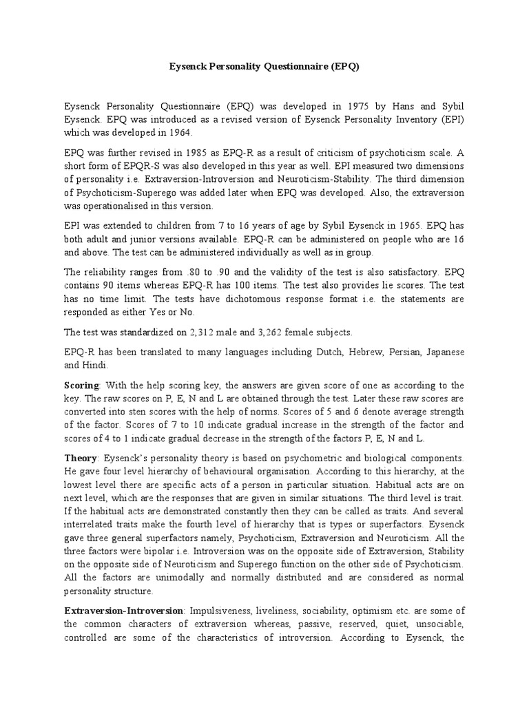 EPQ | PDF | Extraversion And Introversion | Mental Health