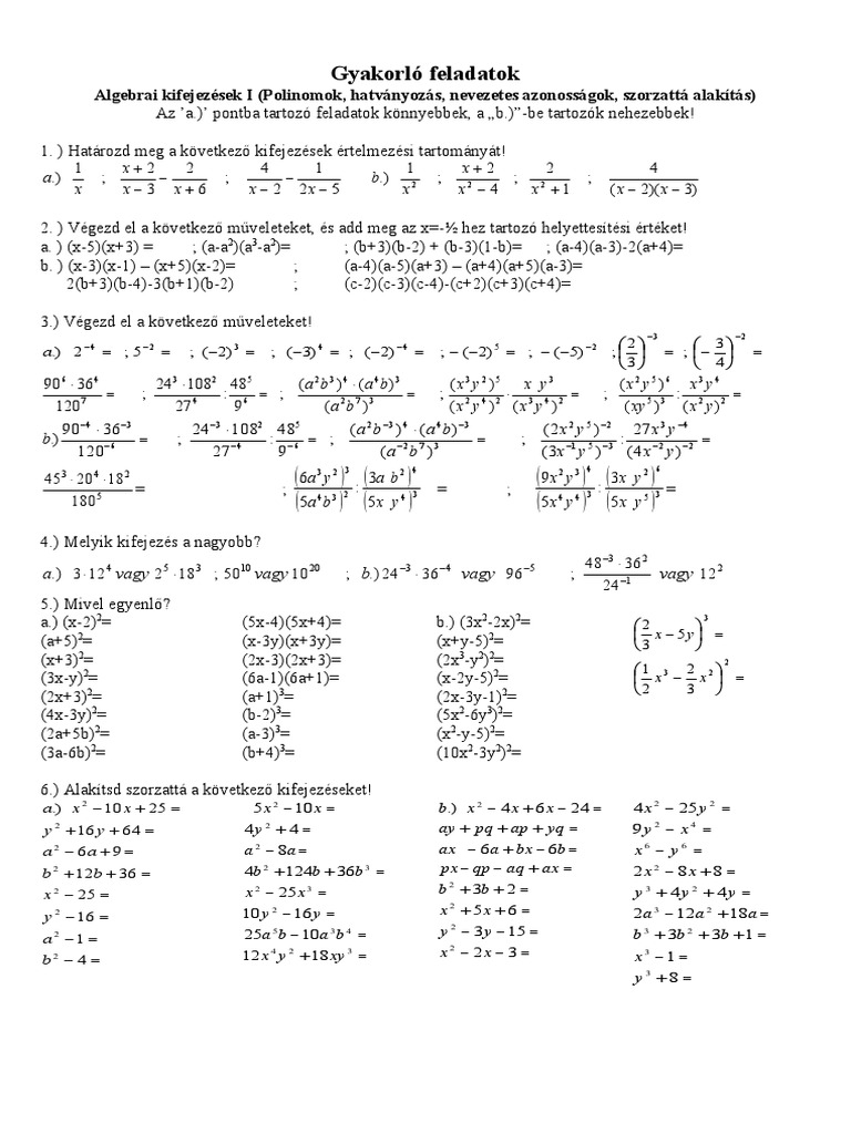 Gyakorló Feladatok Algebra I | PDF