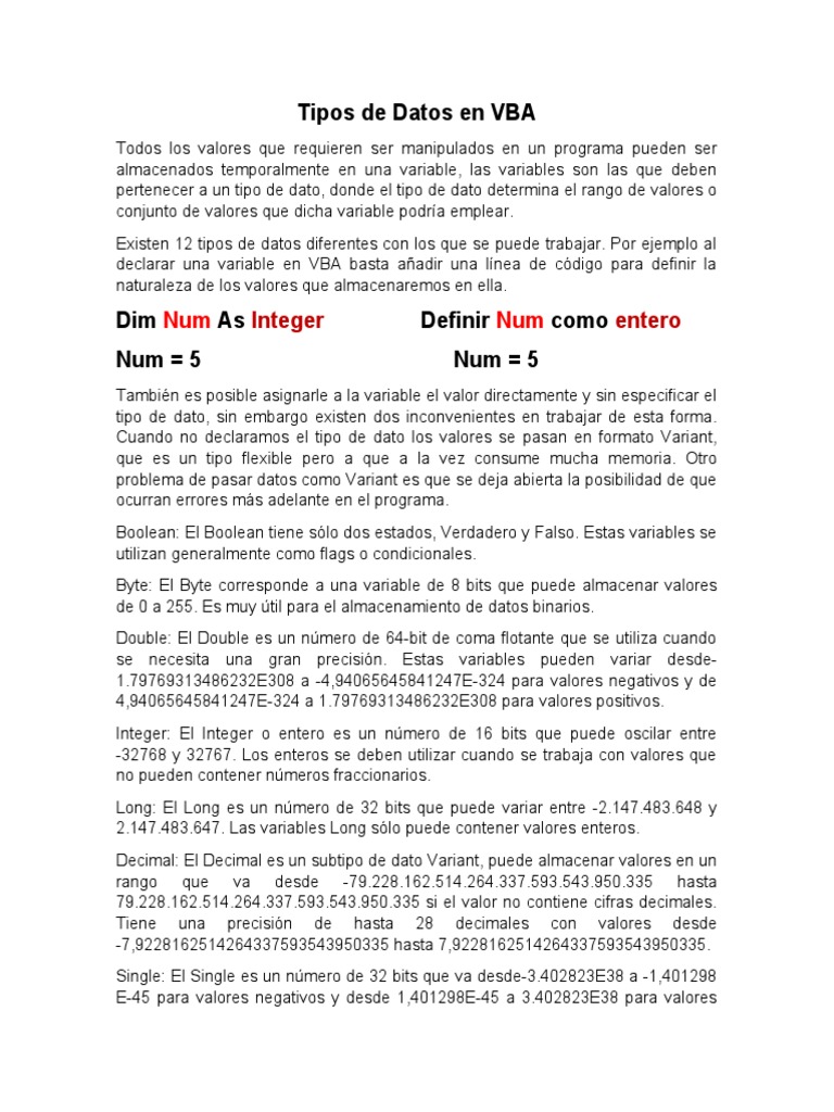 Tipos de Datos en VBA | PDF | Tipo de datos | Decimal