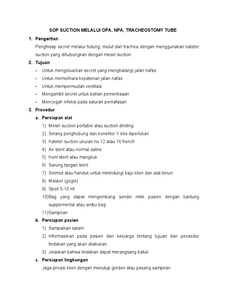 Sop Suction Melalui Opa, Npa Dan Tracheotomi | PDF