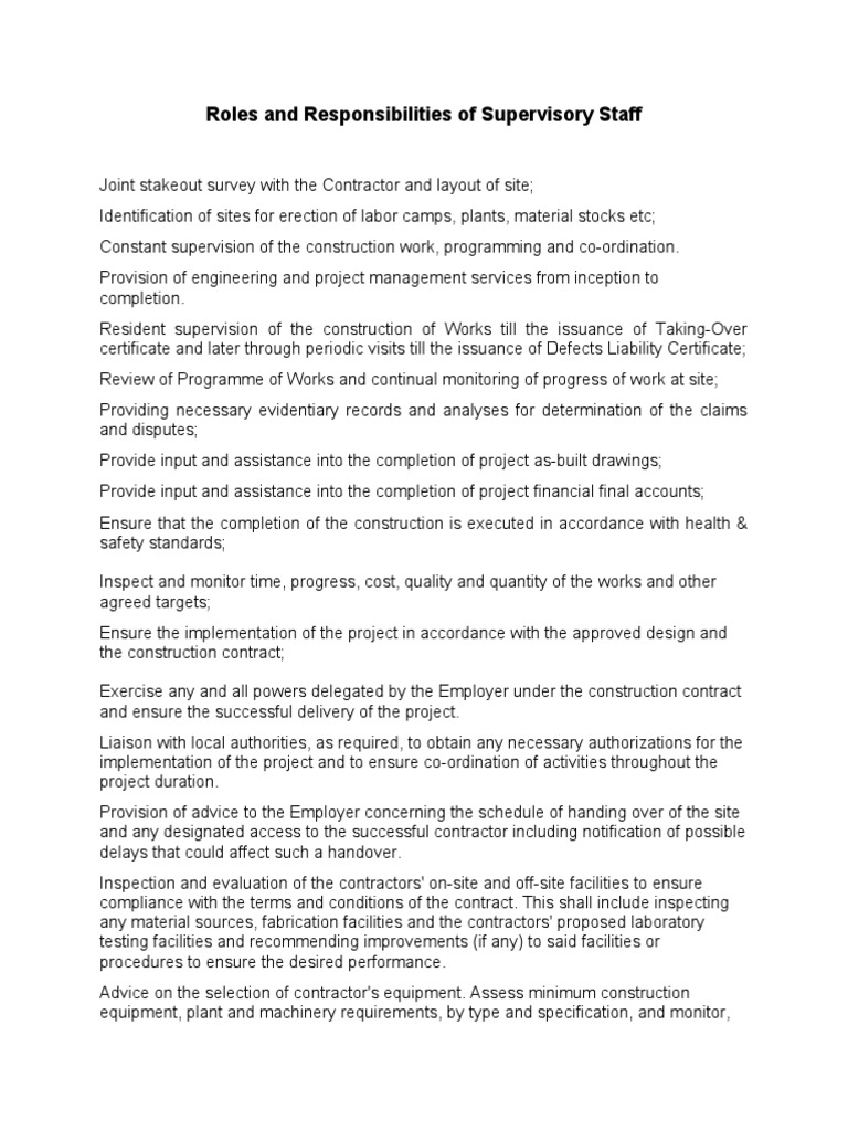 Roles and Responsibilities of Supervisory Staff | PDF | Specification ...