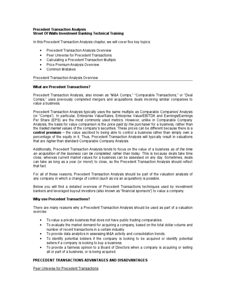 Precedent Transaction Analysis Pdf Mergers And Acquisitions