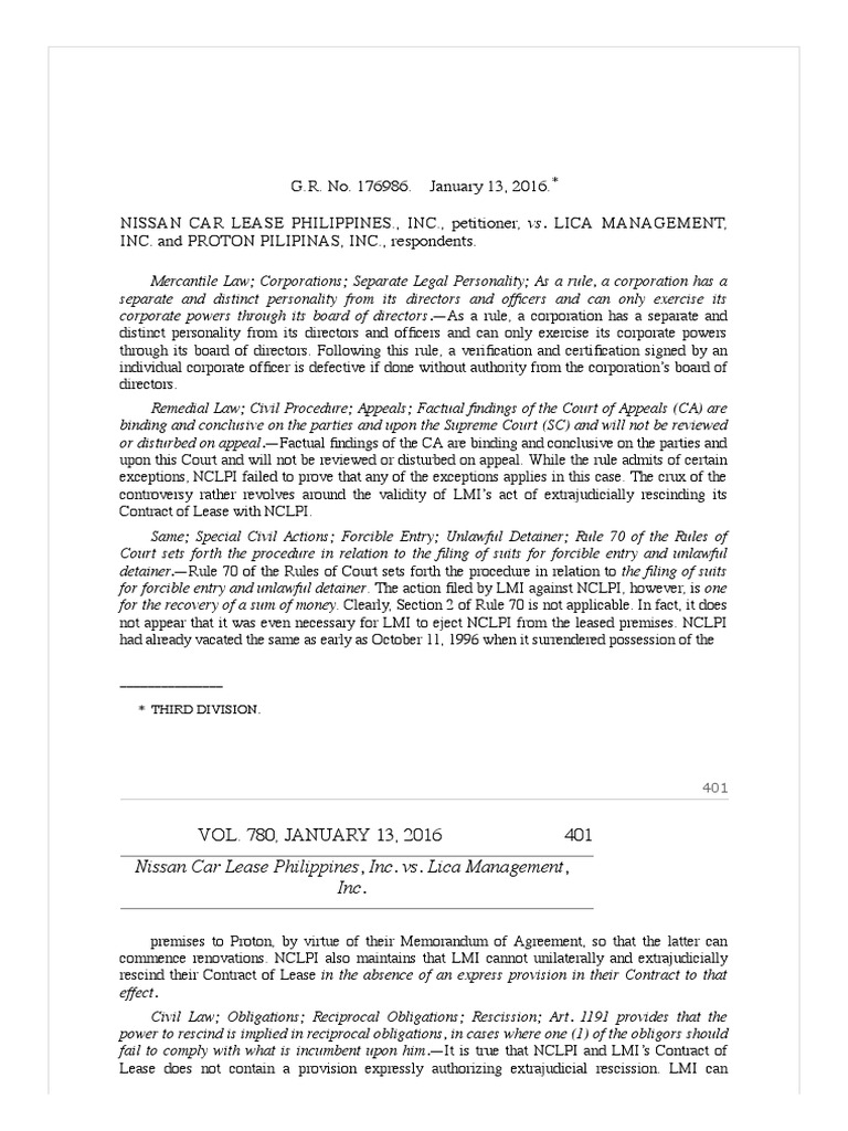 Nissan Car Lease Philippines, Inc. vs. Lica Management, Inc. | PDF ...