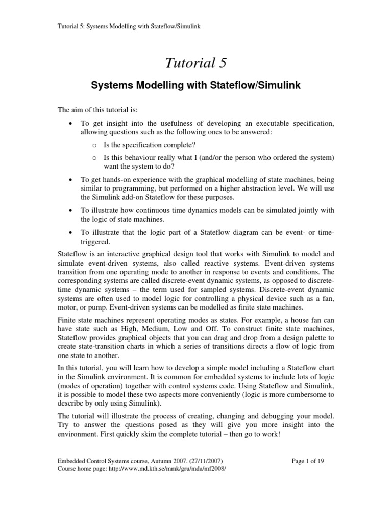 Tutorial 5: Systems Modelling With Stateflow/Simulink | PDF | Simulation | System