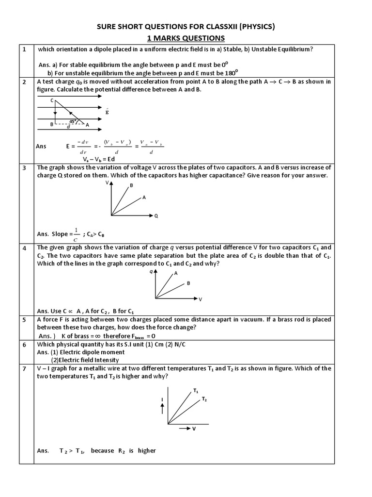 CBSE Class 12 Physics 1 Mark Question Bank PDF | PDF | Photoelectric ...