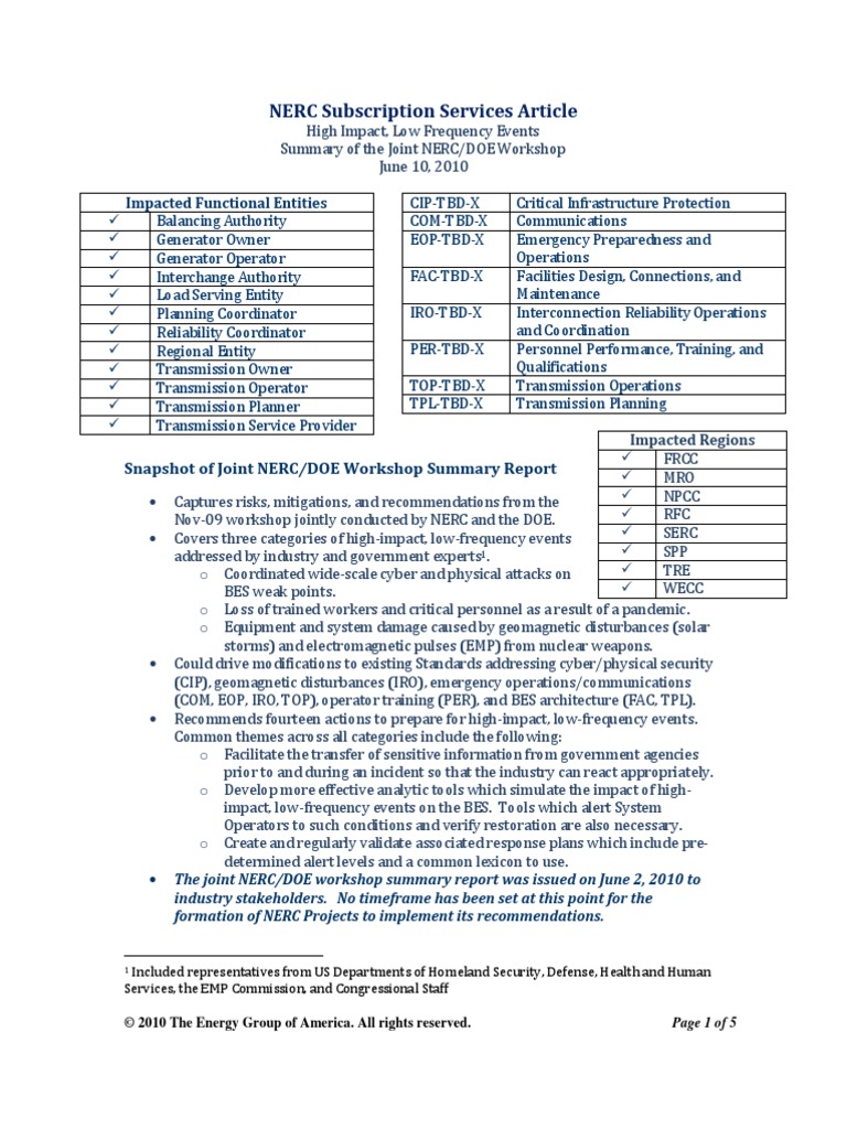 NERC Subscription Services Article: Snapshot of Joint NERC/DOE Workshop Summary Report | PDF ...