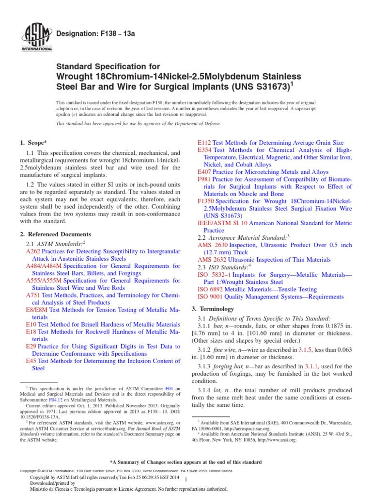 ASTM F138 13a | PDF | Stainless Steel | Steel