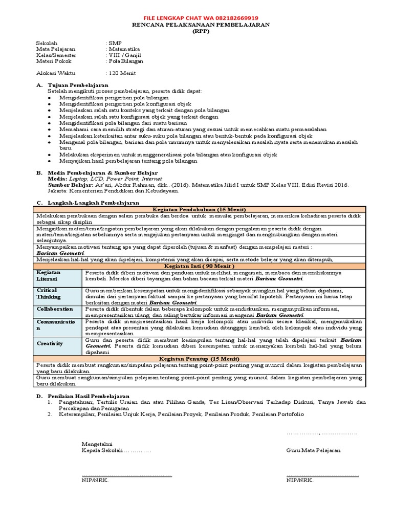 Contoh RPP 1 Lembar MTK Kelas 8 SMP | PDF