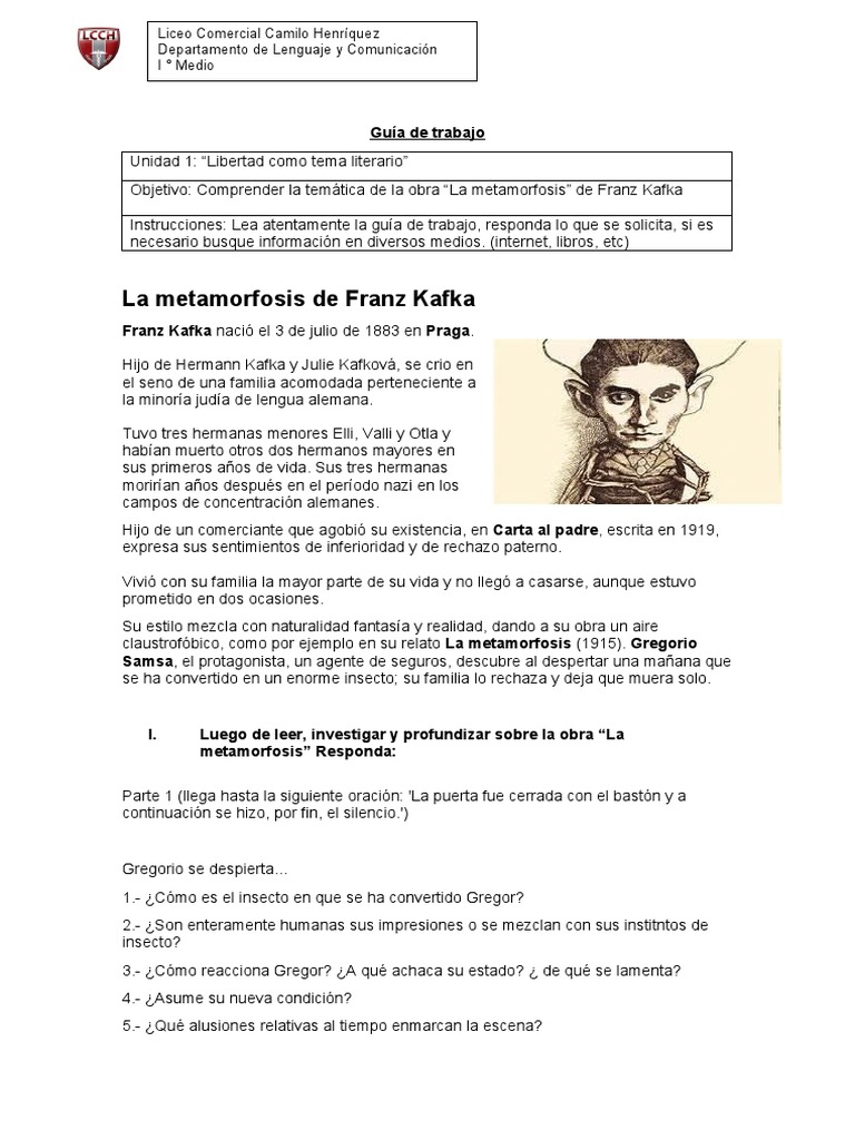 Guia Trabajo 1 I° Medio La Metamorfosis | PDF | La metamorfosis | Franz ...