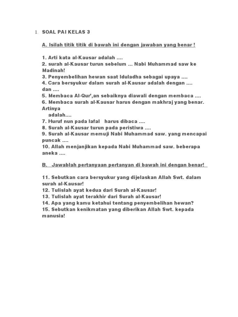 SOAL PAI KELAS 3 TENTANG SURAH AL-KAUSAR | PDF