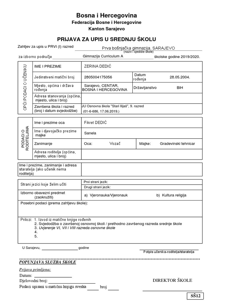 Prijava Za Upis Gimnazija Curriculum A1832877984 Pdf