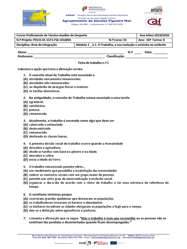 Ficha de Trabalho - Área de Integração - Unidade 6.1 | PDF