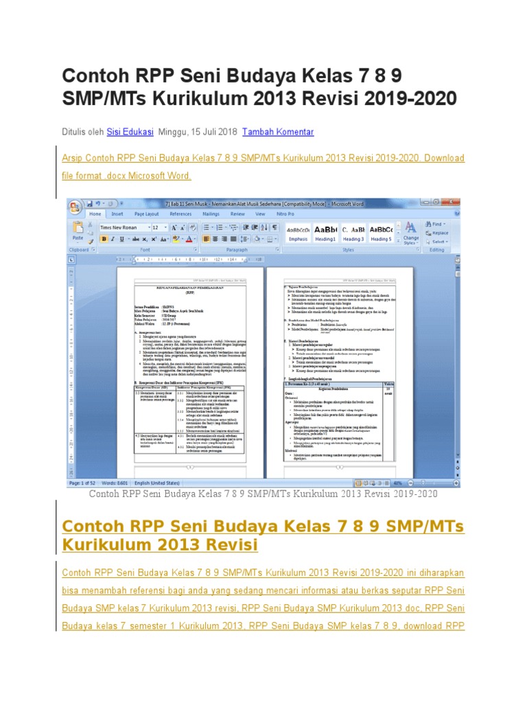 Contoh RPP Seni Budaya Kelas 7 8 9 SMP | PDF