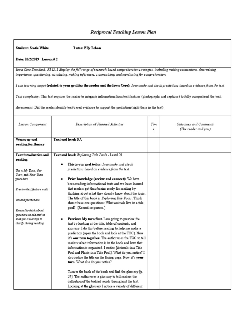 Lesson Plan 2 Exploring Tide Pools | PDF | Reading Comprehension | Behavior Modification