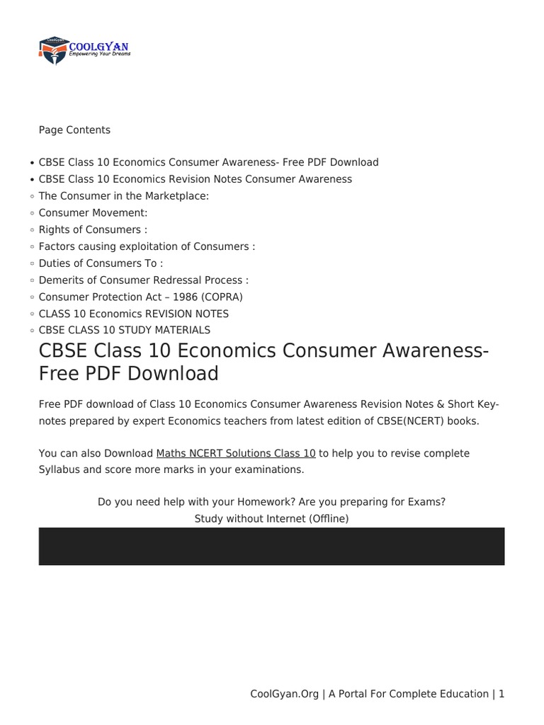 Economics-Consumer Awareness Class 10 Notes Ofsocial Science | PDF ...