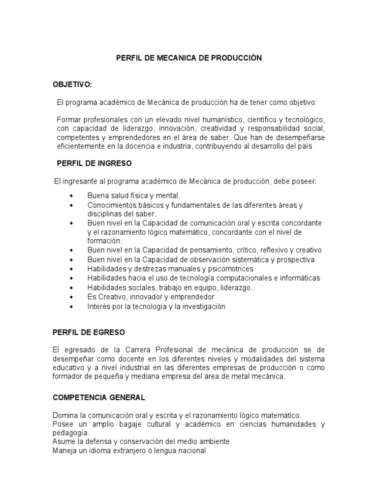 Perfil de Mecánica de Producción | PDF | Innovación | Maestros