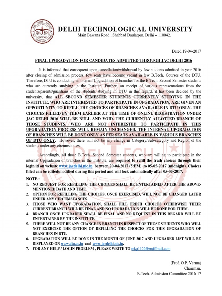 Branch Upgradation Notice DTU PDF | PDF | Government