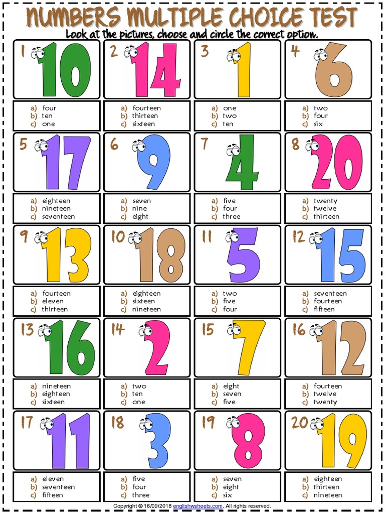 Numbers Vocabulary Esl Multiple Choice Test For Kids | PDF