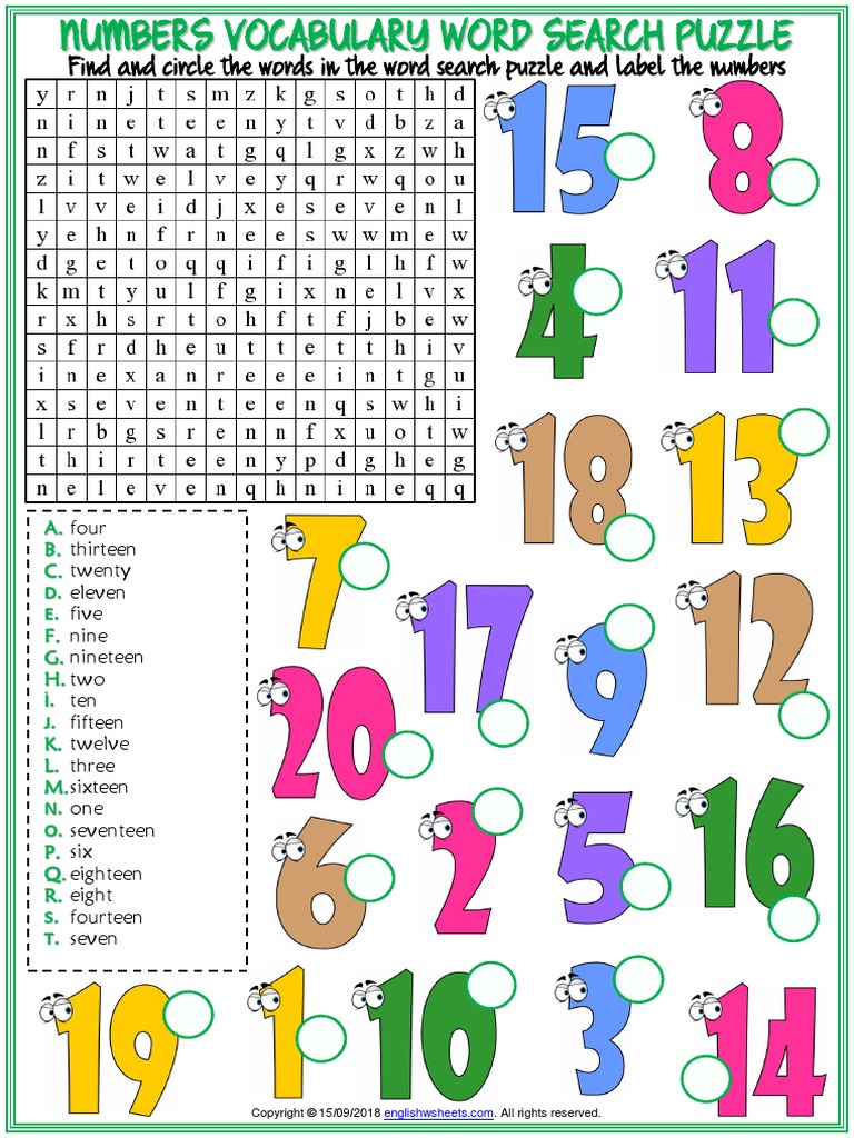 Numbers Vocabulary Esl Word Search Puzzle Worksheet For Kids PDF | PDF