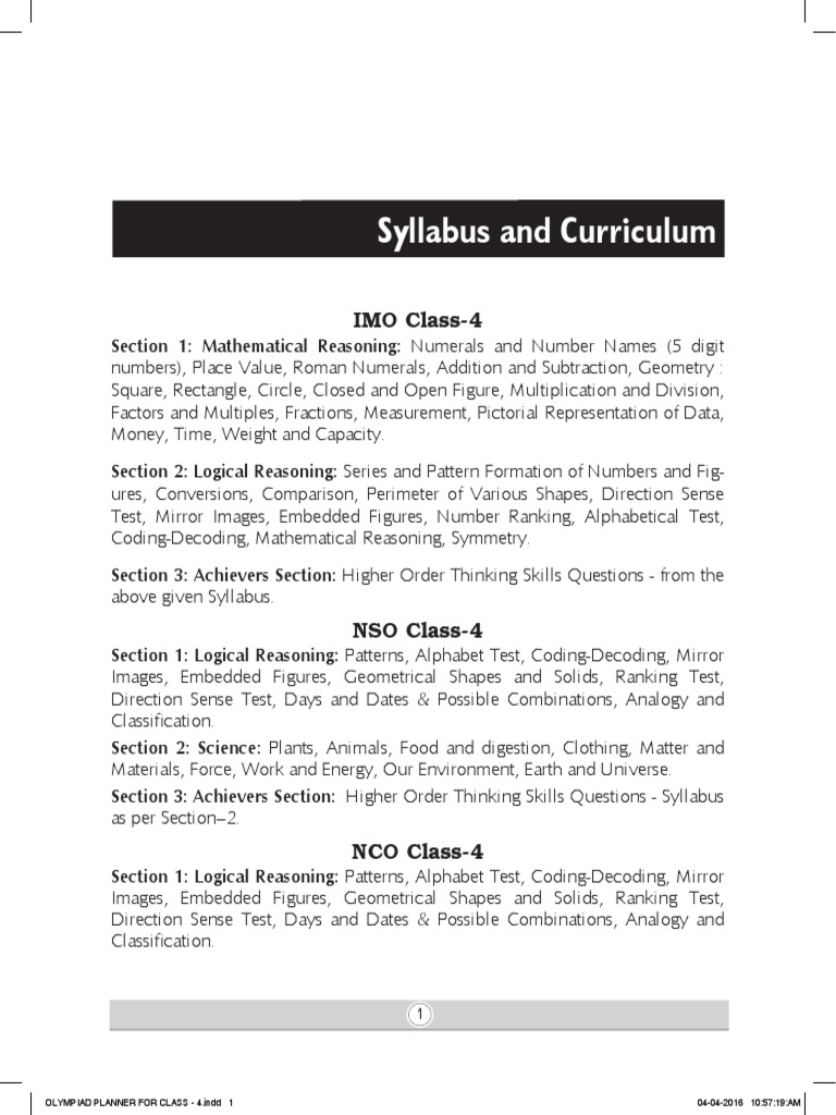 Syllabculum - Class 4 (IMO, NSO, NCO, IEO) | PDF | Pattern | Shape