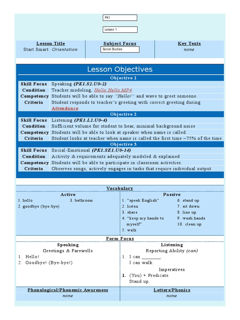 PK1 Lesson 1 | PDF | Classroom | Poster