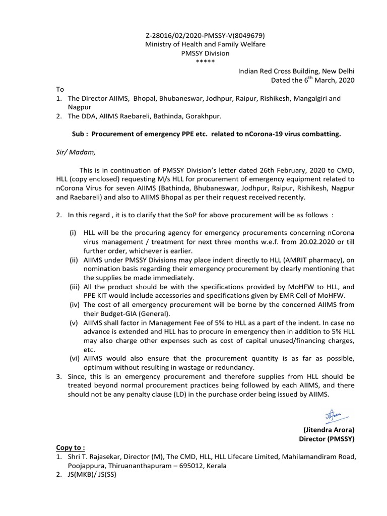 Letter From Health Ministry To AIIMS About PPE Procurement Amid COVID ...